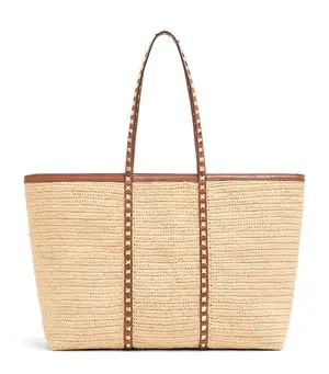 Valentino Garavani Large Straw Rockstud Tote Bag - Pink