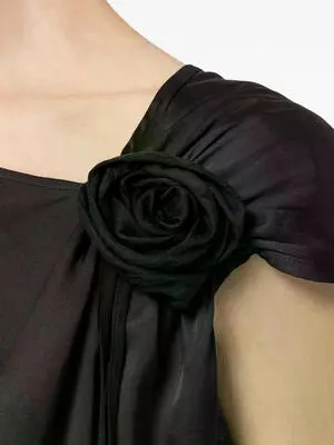 NISSA Floral Detail Asymmetric Neck Short Sleeve Top - Black