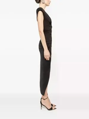 NISSA Ruched V-neck Midi Dress With Asymmetric Hem - Black