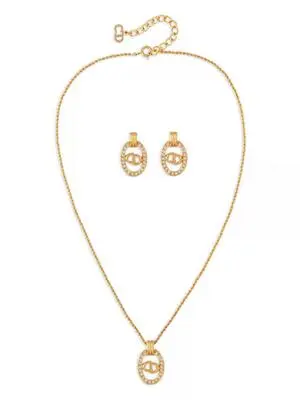 Dior Tone Swarovski Crystal Cd Logo Necklace And Clip-on Earrings Set - Gold