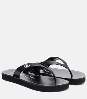 Gucci Double G Leather Thong Sandals - Black