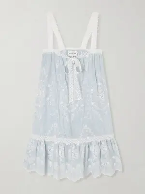 Miguelina Embroidered Silk-blend Voile Mini Dress With Lace And Bow Detail - Blue