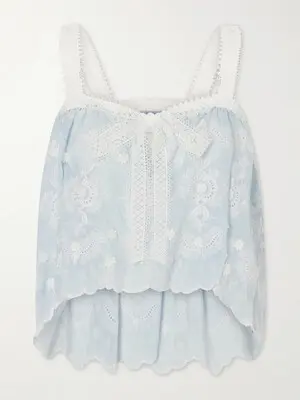 Miguelina Kaila Cropped Embroidered Silk-blend Voile Top With Asymmetric Scalloped Hem And Bow Detail - Blue