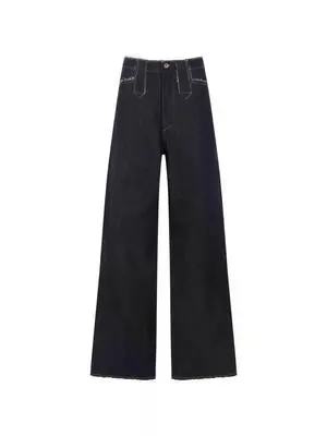 KURO Contrast Stitching Frayed Jeans - Blue