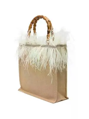 LA MILANESA Feather Trimmed Bamboo Handle Tote - Neutrals