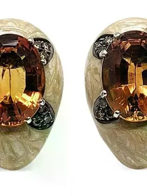 ANDREOLI 18k White Gold Diamond And Citrine Oval Stud Earrings - Silver