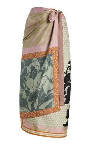 Dries Van Noten Floral Silk Twill Pareo Skirt - Olive