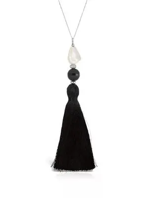 OBSIDIAN Tasseled Onyx And Pearl Necklace - Silver