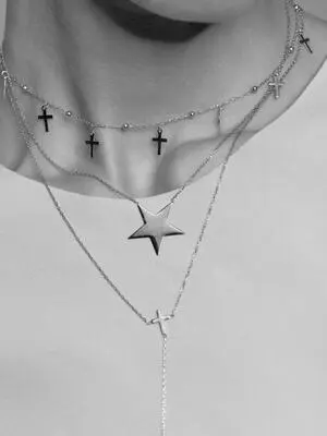 OBSIDIAN Tone Cross And Star Pendant Necklace