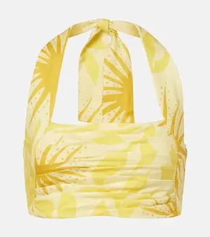 CALA DE LA CRUZ Fuji Printed Halterneck Linen Crop Top - Yellow