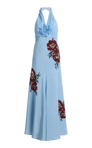 RODARTE Floral Silk-crepe Maxi Halter Dress - Blue
