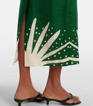 CALA DE LA CRUZ Bruna Printed Linen Midi Skirt - Green