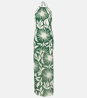 CALA DE LA CRUZ Acacia Beaded Printed Halterneck Maxi Dress - Green