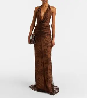 DE LA VALI Amora Scarf-detail Ruched Lace Maxi Dress - Brown