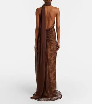DE LA VALI Amora Scarf-detail Ruched Lace Maxi Dress - Brown