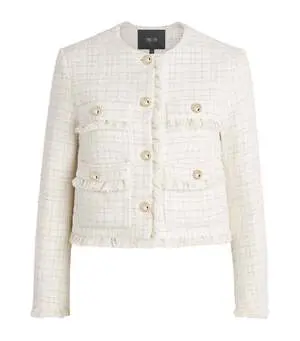 Maje Textured Cropped Jacket With Frayed Edges - White