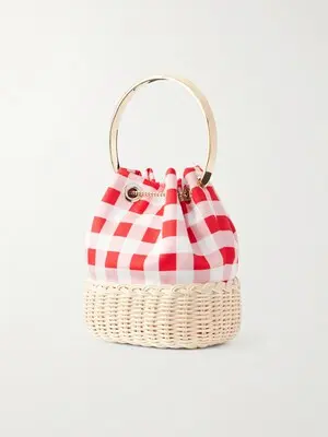 JIMMY CHOO Bon Bon Checked Raffia Bucket Bag - Red