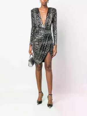 Philipp Plein Plunging V-neck Rhinestone Mini Dress - Silver