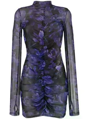 Philipp Plein Floral Print Long Sleeve Ruched Tulle Minidress - Black