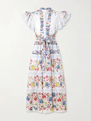 MARY KATRANTZOU Belted Floral-print Cotton-blend Midi Dress - Multi