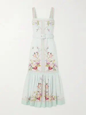 SELF-PORTRAIT Belted Floral-print Linen And Cotton-blend Midi Dress - Green