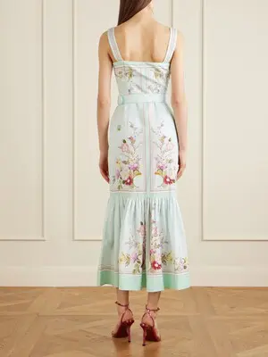SELF-PORTRAIT Belted Floral-print Linen And Cotton-blend Midi Dress - Green