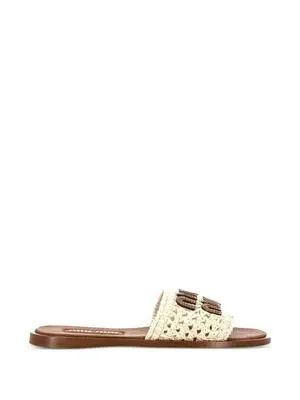 Miu Miu Crochet And Leather Slides - Neutrals