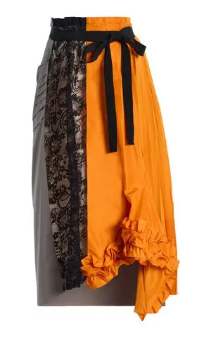Prada Mixed-media Midi Wrap Skirt With Lace And Ruffles - Orange