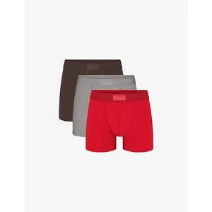 SKIMS Branded-waisband Pack Of Three Cotton-blend Boxer Briefs - Ruby Espresso Multi