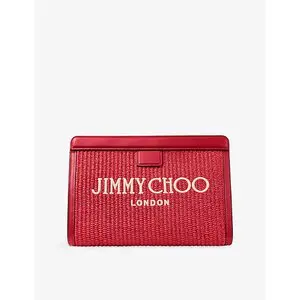 JIMMY CHOO Jimmy Choo Avenue Embroidered Raffia Pouch Ruby Red/light Gold