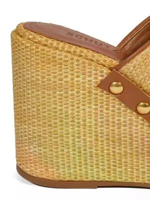 Schutz Woven Raffia Wedge Sandals With Stud Detailing