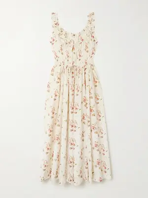 DÔEN Emmaretta Shirred Floral-print Organic Cotton Midi Dress - Multi