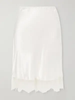 Carine Gilson Lace-trimmed Silk-satin Midi Skirt - Neutrals