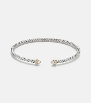 David Yurman Micro Cable Flex Cuff Bracelet With Diamonds In Sterling And 14kt Gold