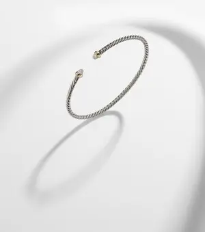 David Yurman Micro Cable Flex Cuff Bracelet With Diamonds In Sterling And 14kt Gold