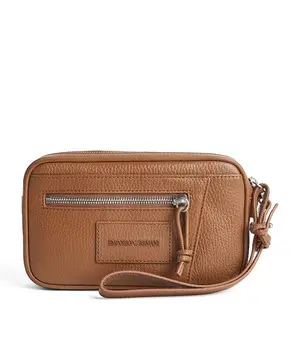 Emporio Armani Tumbled Leather Wash Bag With Wrist Strap - Brown