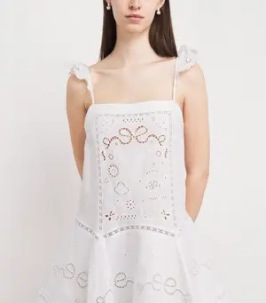 SELF-PORTRAIT Linen-cotton Embroidered Mini Dress