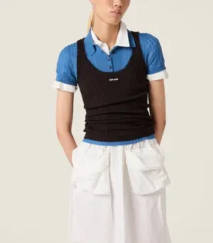 Miu Miu Ribbed Wool Tank Top With Lace Trim