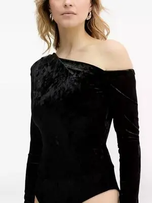 Guess One-shoulder Long-sleeve Velvet Bodysuit - Black