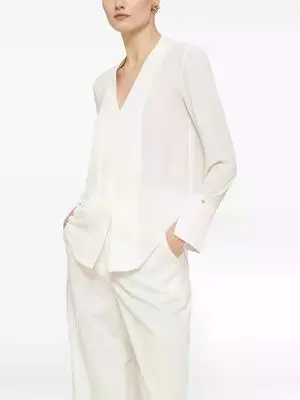 NISSA V-neck Chiffon Blouse With Buttoned Cuffs - White