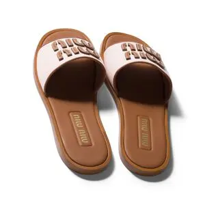 Miu Miu Embellished Logo Canvas And Leather Slides - Peach/brandy