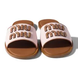 Miu Miu Embellished Logo Canvas And Leather Slides - Peach/brandy