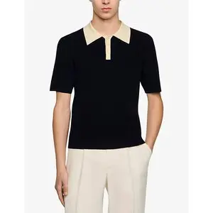Sandro Contrast-collar Stretch-knit Polo Shirt - Black