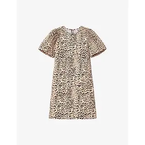 RO&ZO Print Puff-sleeved Cotton Mini Dress - Leopard