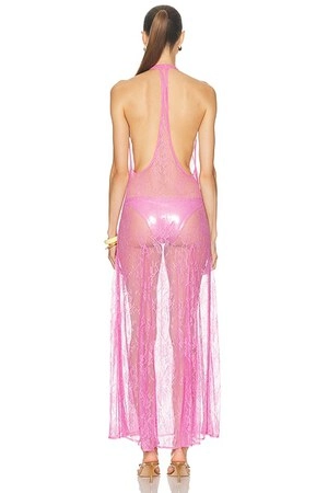 ADRIANA DEGREAS Lace Bare Back Long Dress - Pink