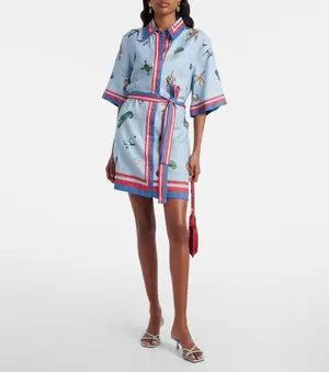 ALEMAIS Printed Belted Linen Shirt Dress - Blue