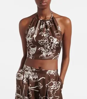 Asceno Printed Halterneck Silk Crop Top