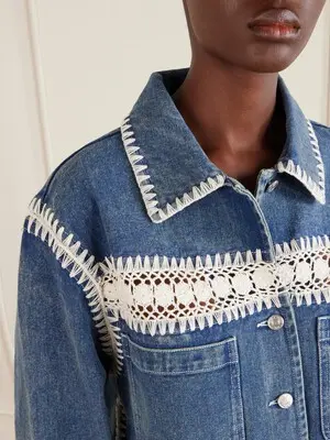 Sea Crochet-trimmed Denim Jacket - Blue