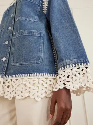 Sea Crochet-trimmed Denim Jacket - Blue