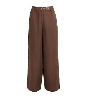 Maje Linen Belted Wide-leg Trousers - Brown